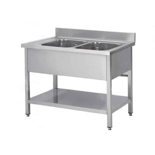 Plonge soudée sur pieds carrés avec étagère, inox ferritique, 2 bacs au centre, longueur 1400 mm ...