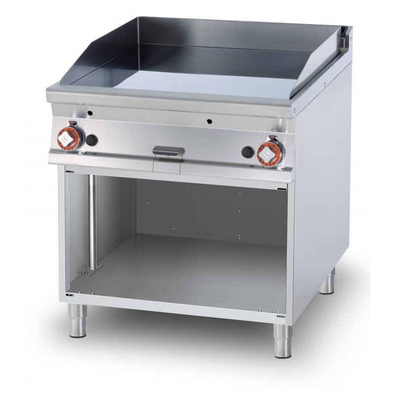 Fry top gaz plaque acier 1/2 lisse 1/2 rainurée chrome 18 kW sur meuble ouvert - Matériels Cuisine